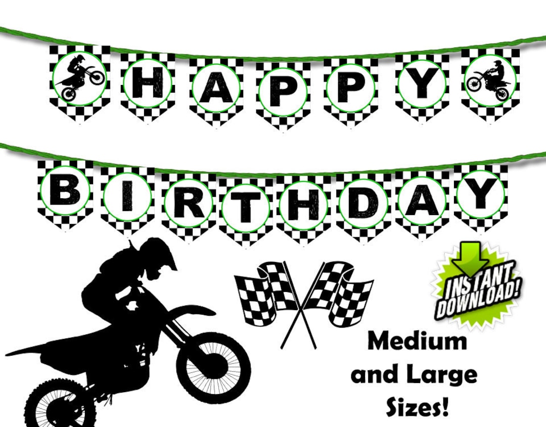 Motocross Happy Birthday Banner: Green Racing Party Decor (digital ...