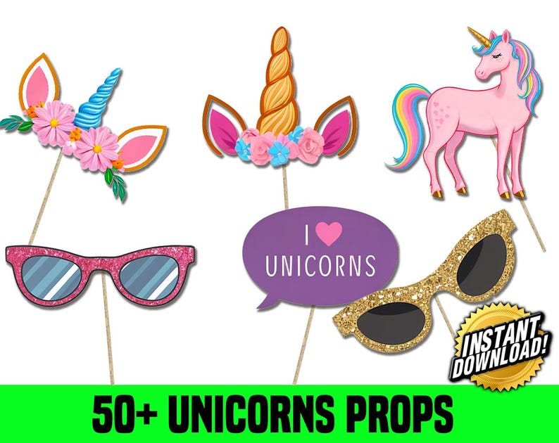 Unicorn Party Photo Booth Props: Magical Birthday Decorations (digital ...