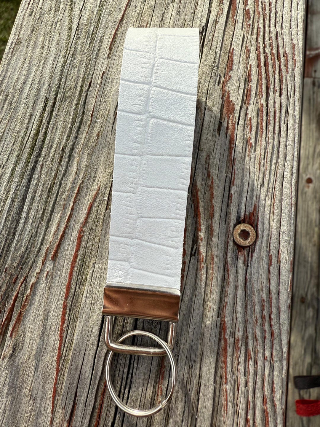 White Embossed Leather Key Chain/ Key Fob - Etsy