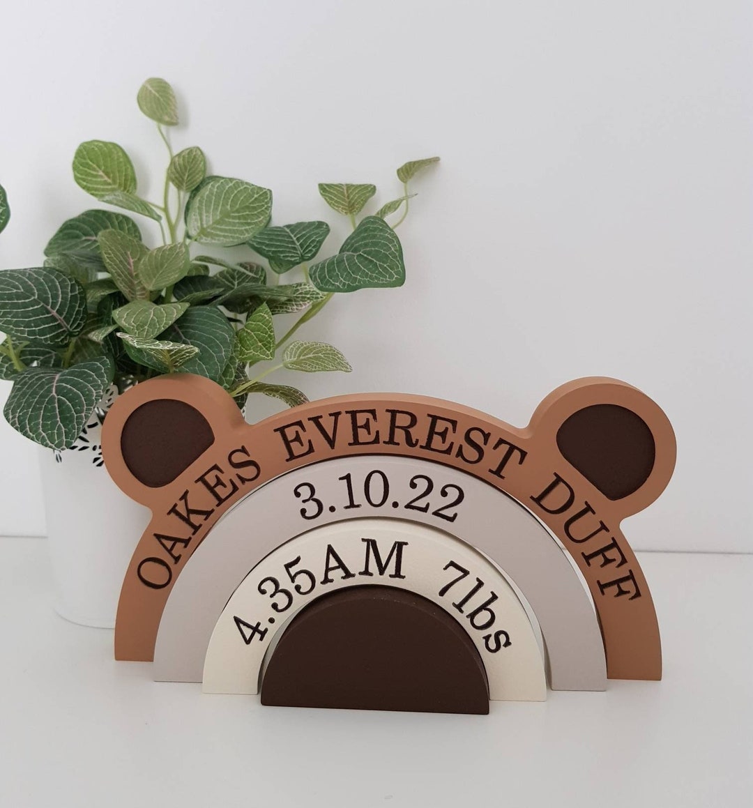 Engraved Bear Rainbow Shelfie, Birth Details, New Baby Gift, Kids Room ...