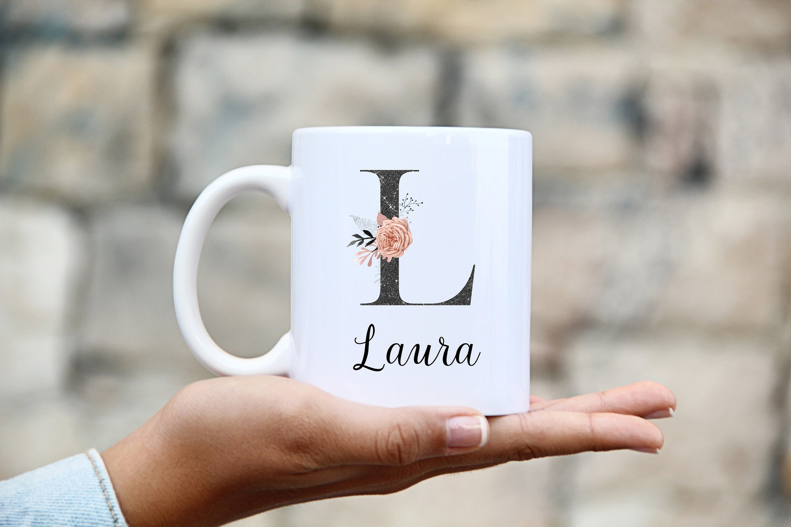 Taza Personalizada Con Inicial Negro Rosa Oro Floral Taza Etsy