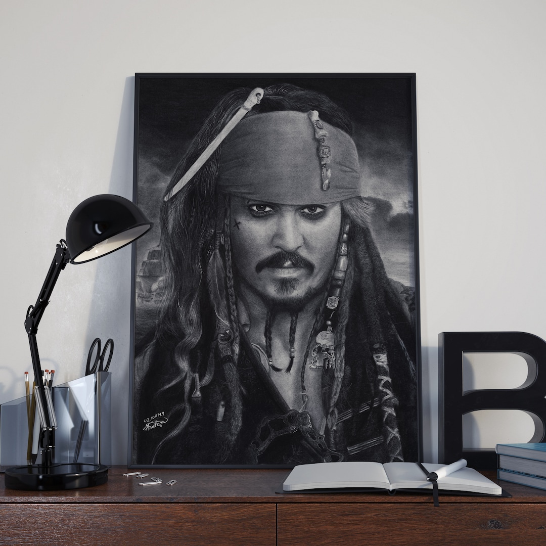 Portrait du capitaine Jack Sparrow, avec un dessin au fusain ...