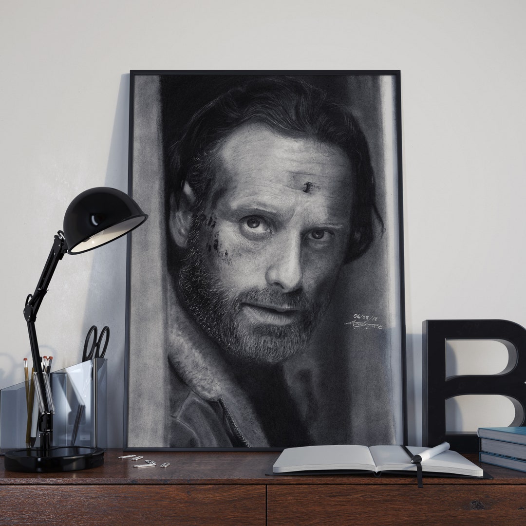 Portrait of Rick Grimes, Featuring a Hyper-realistic Charcoal Drawing ...