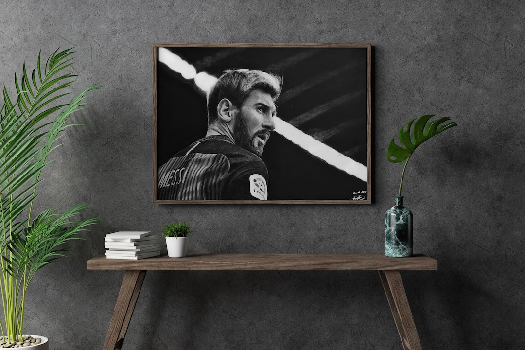 Portrait of Lionel Messi, Featuring a Hyper-realistic Charcoal Drawing ...