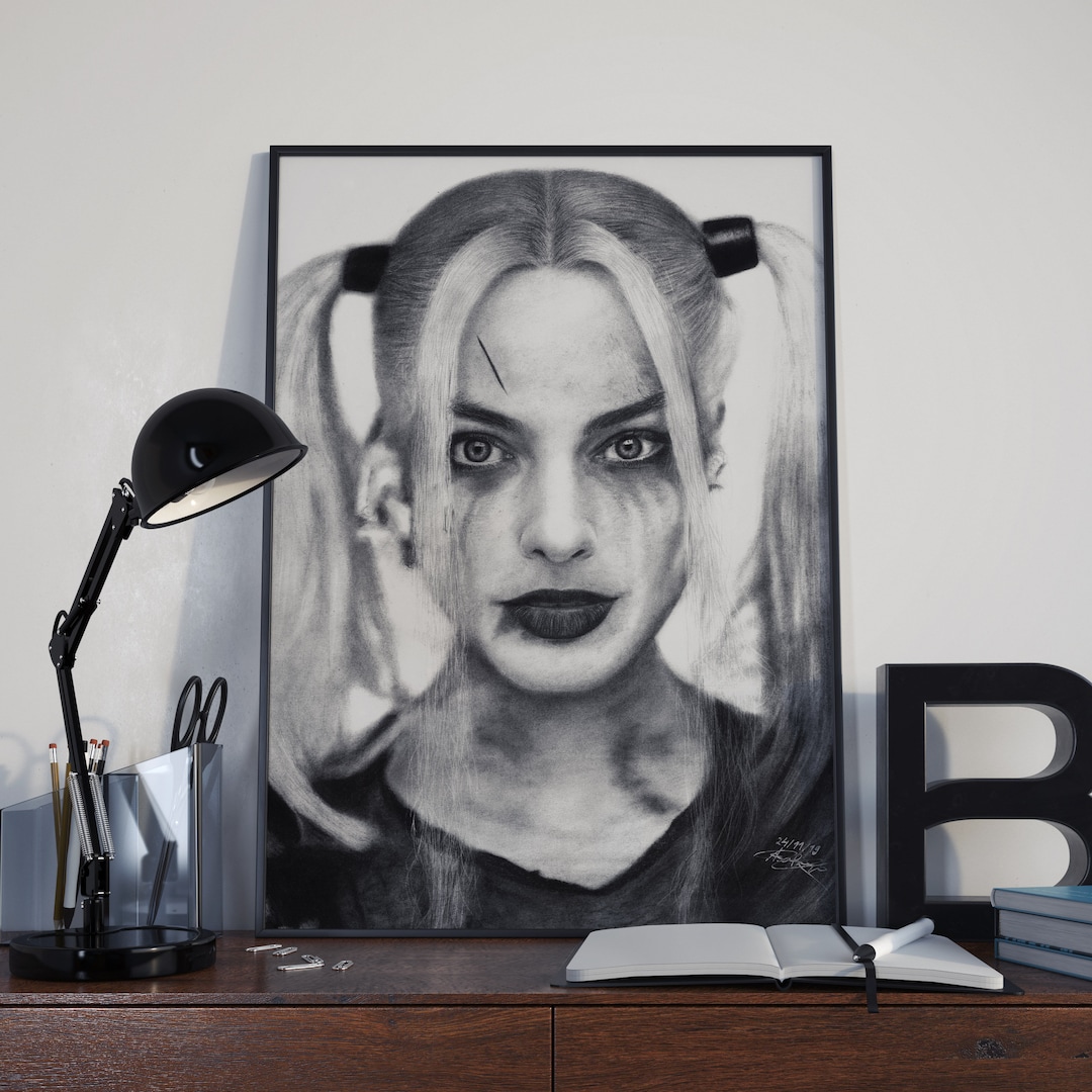 Portrait de Harley Quinn avec un dessin au fusain hyper - Etsy France