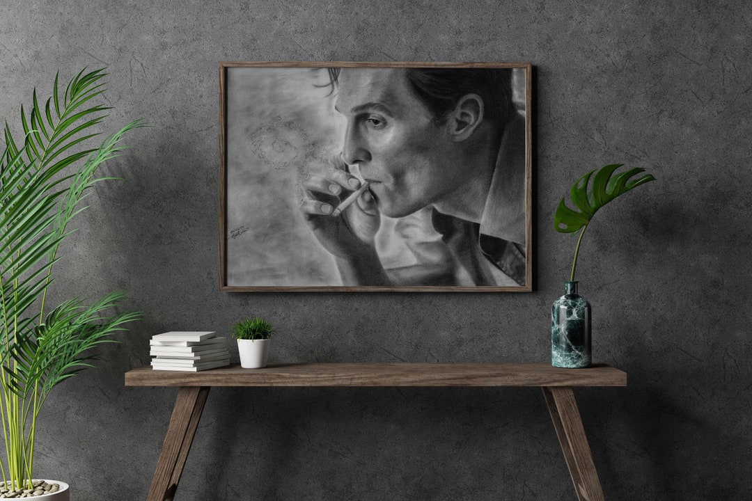 Portrait of Rust Cohle, Featuring a Hyper-realistic Charcoal Drawing of ...
