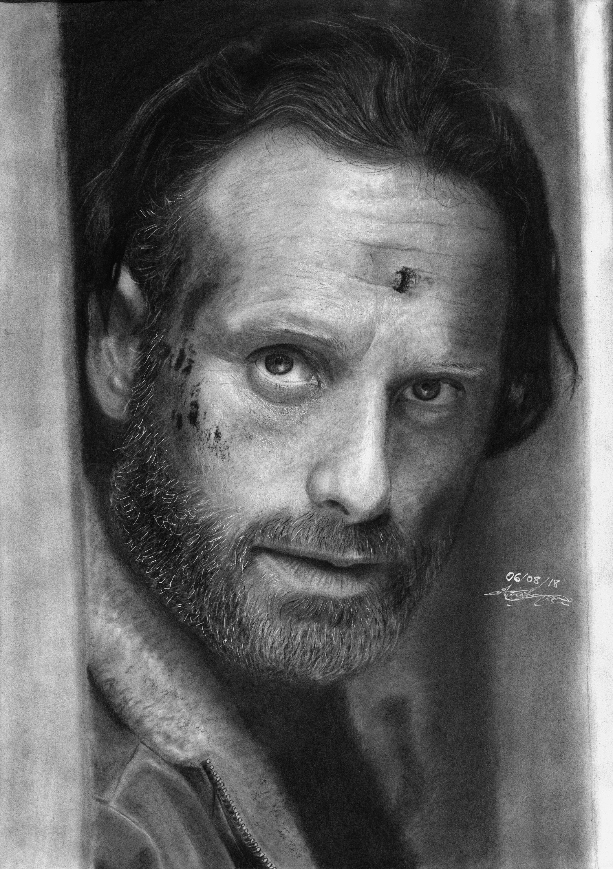 Portrait of Rick Grimes, Featuring a Hyper-realistic Charcoal Drawing ...