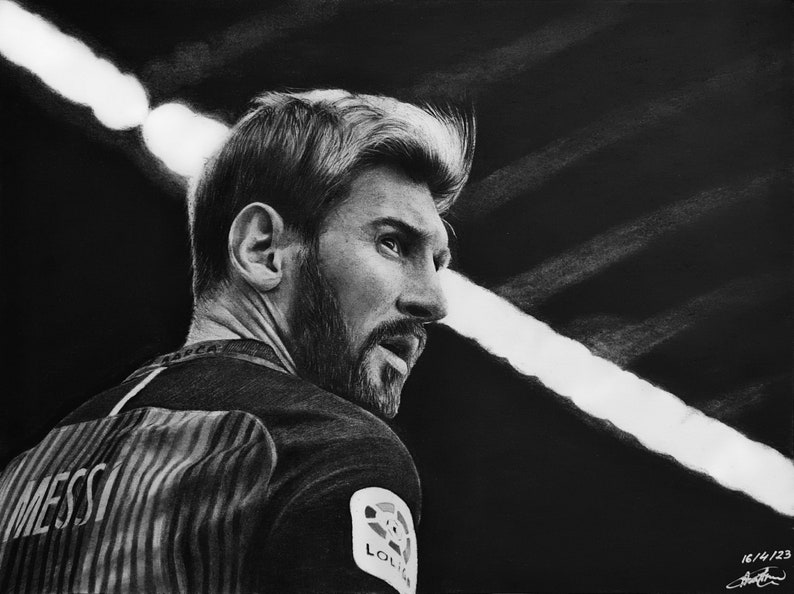 Portrait of Lionel Messi, featuring a hyper-realistic charcoal drawing ...