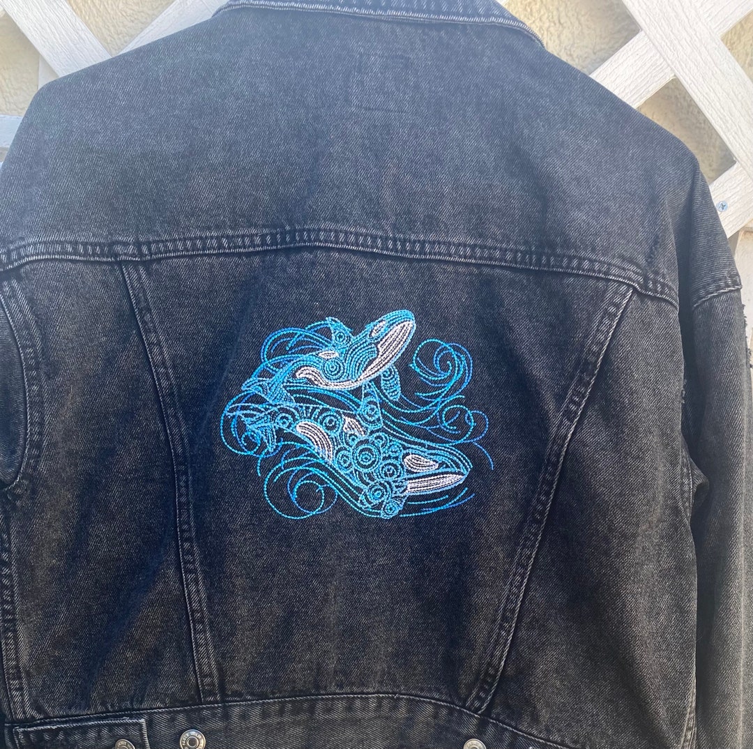 Distressed Black Denim Jacket, Orca Embroidered Jean Jacket, XS - Etsy
