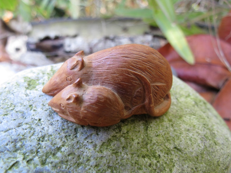 Japanese 20th Century Mouse Netsuke - Two Carved Wood Mice - Excellent ...