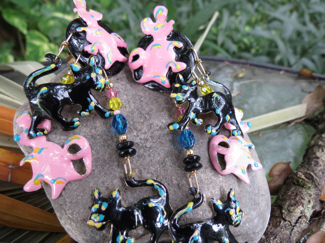 Lunch at the Ritz Cat & Mouse Earrings Enamel Mice and - Etsy