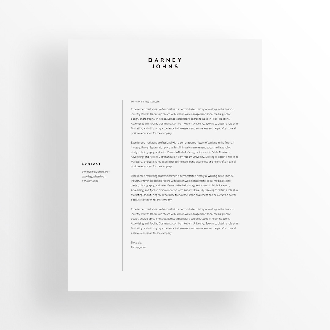 Minimalist Cover Letter Template, Editable Design, Instant Download, MS ...