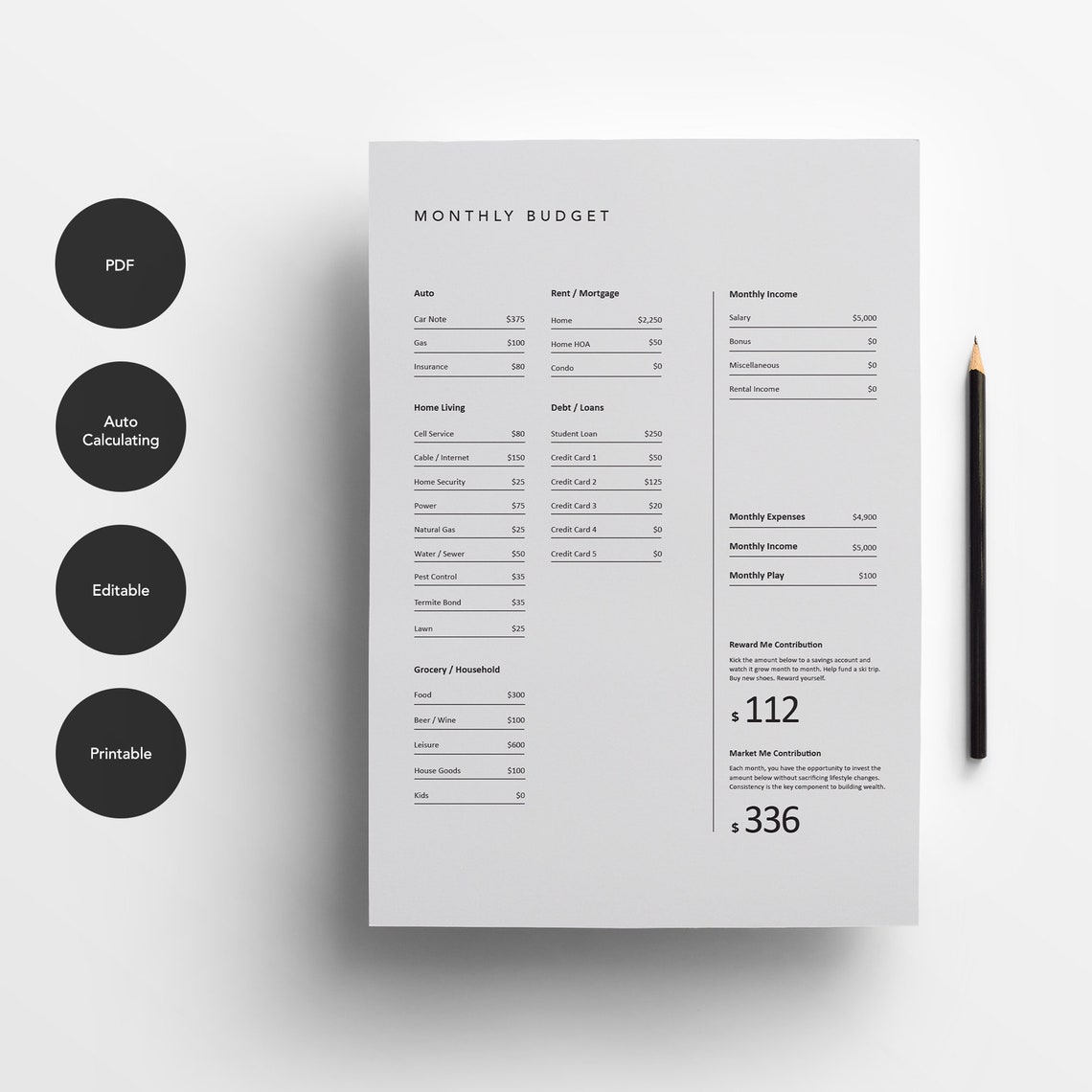 Monthly Budget Planner, Auto-calculating, Editable Template, Printable ...