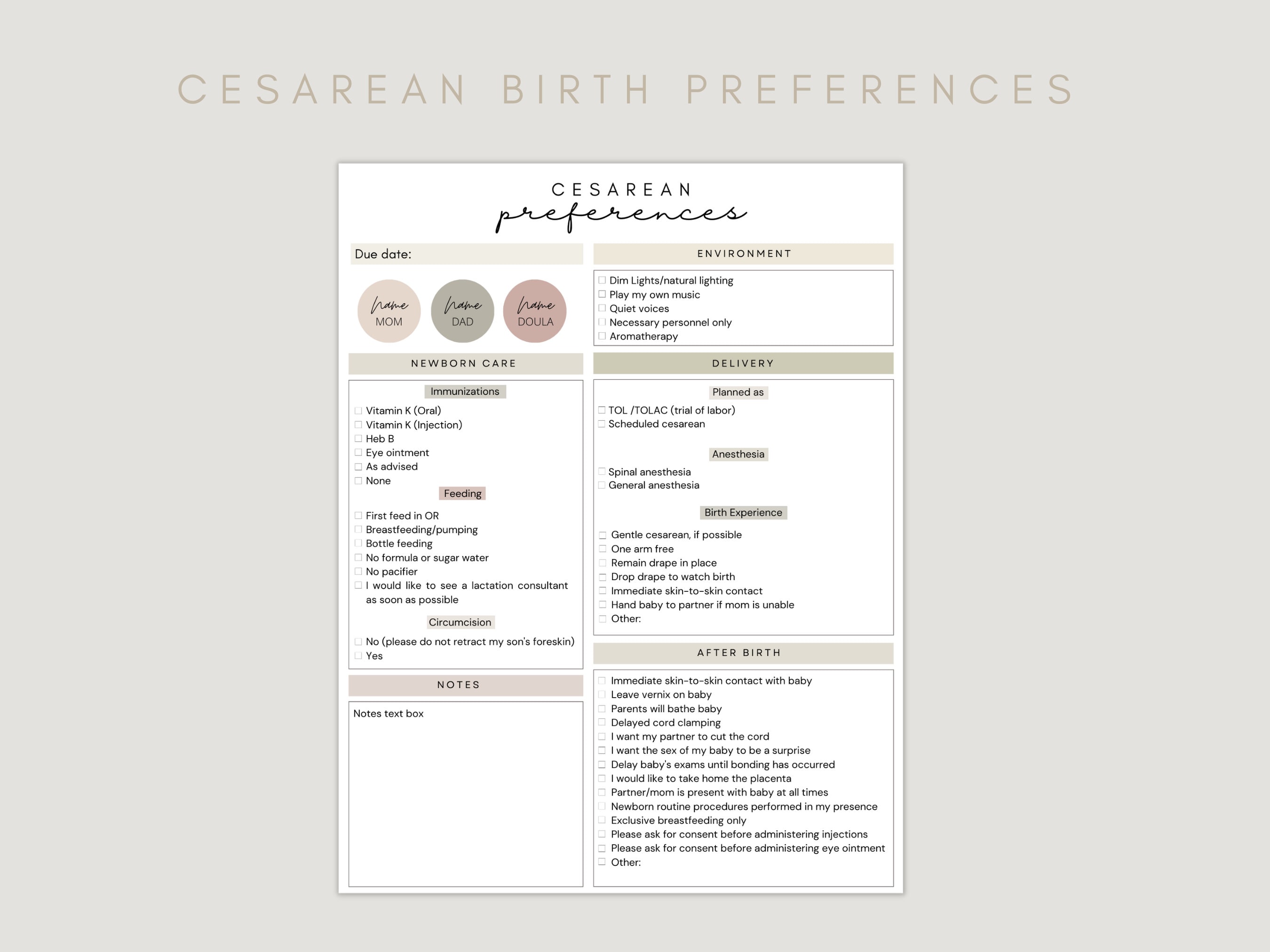 Gentle C-section Birth Plan, Gentle Cesarean Birth Preferences Template ...