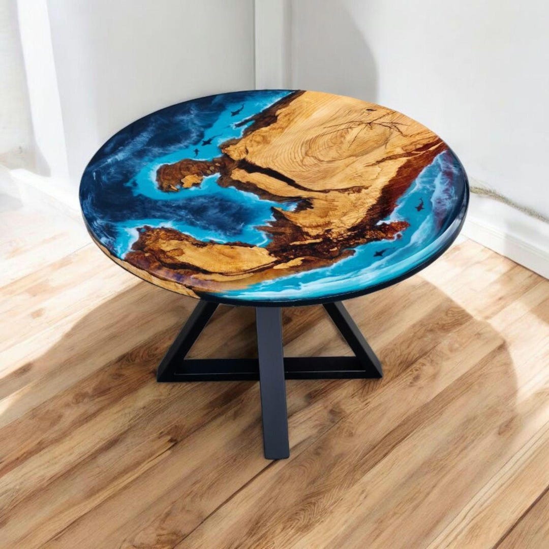 Blue Resin Round Coffee Table, Epoxy Wood Accent Table for Living Room ...