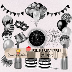 New Year Clipart, NYE Clipart Party Elements, Silver Supplies Clipart ...