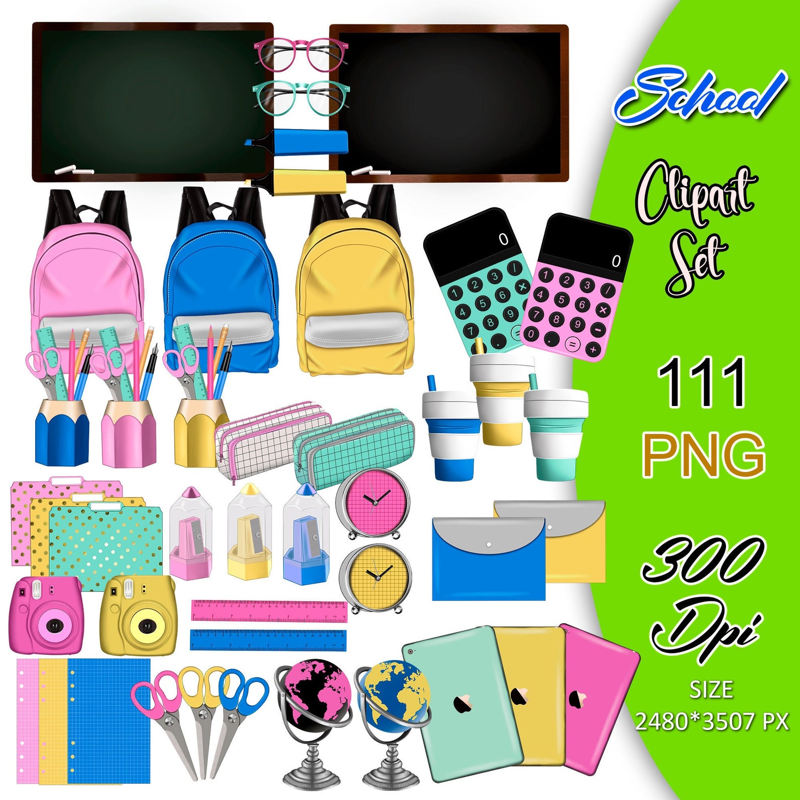 School Clipart Set, School Supplies Clipart Kit, School Time Clipart ...