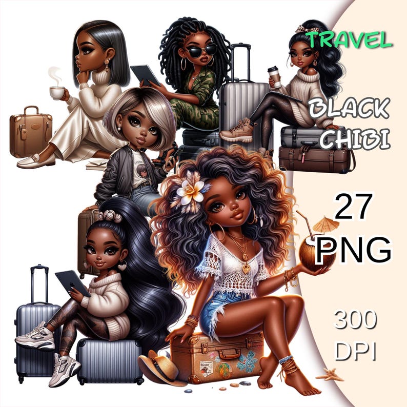 Travel Black Chibi Clipart, Chibi Traveler Png, Black Chibi Summer Trip ...