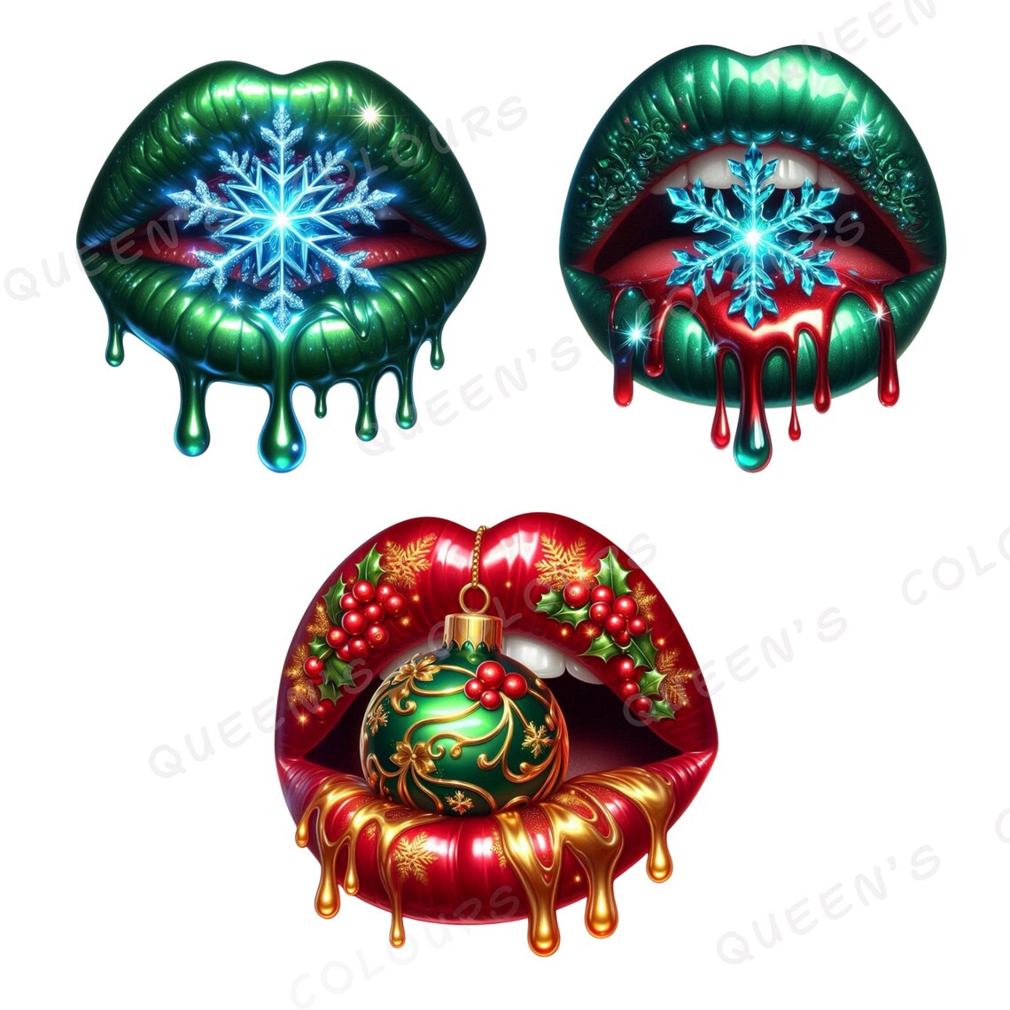 Christmas Lips Png Clipart Set, Xmas Sparkling Drip Lips Clipart ...