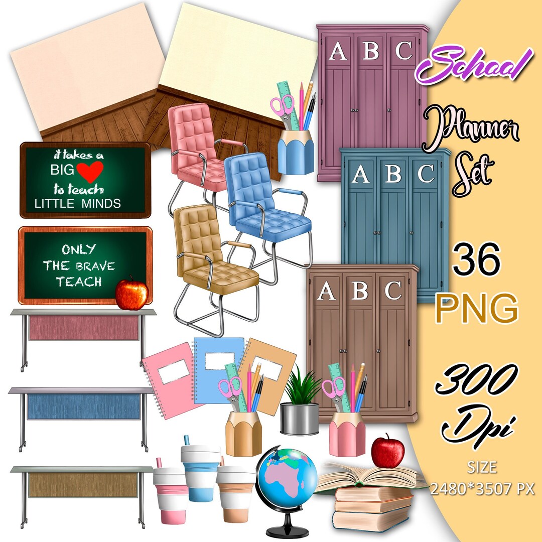 School Planner Sticker Kit, School Background Scene Clipart, Cute ...