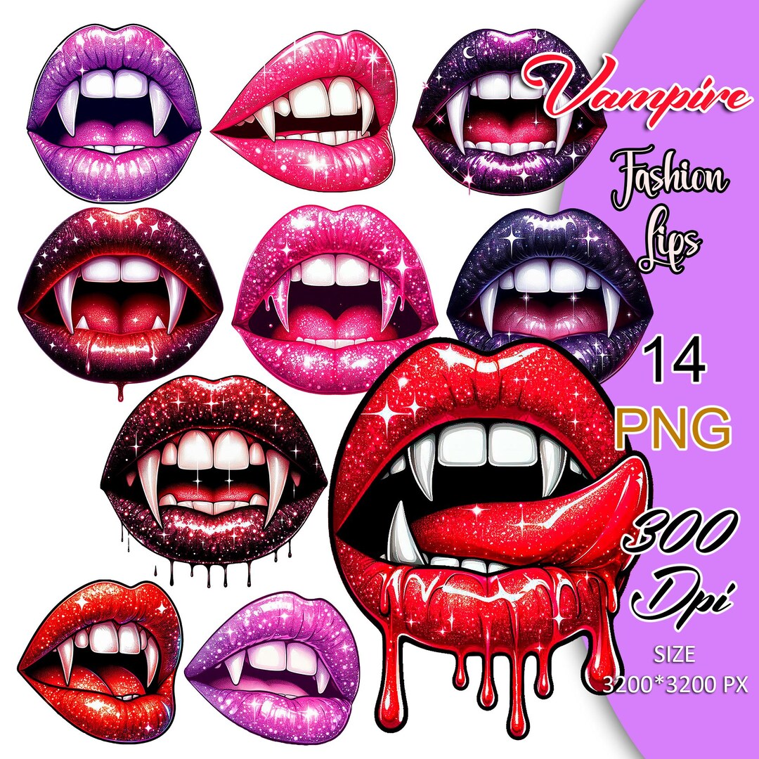 Halloween Vampire Fashion Lips Clipart, 14 Png Files, Vampire Glitter ...