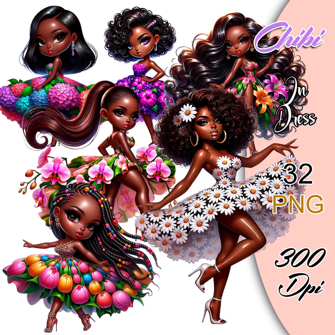 Chibi Black Doll Clipart, Fashion Chibi Clipart, Spring Chibi Png ...