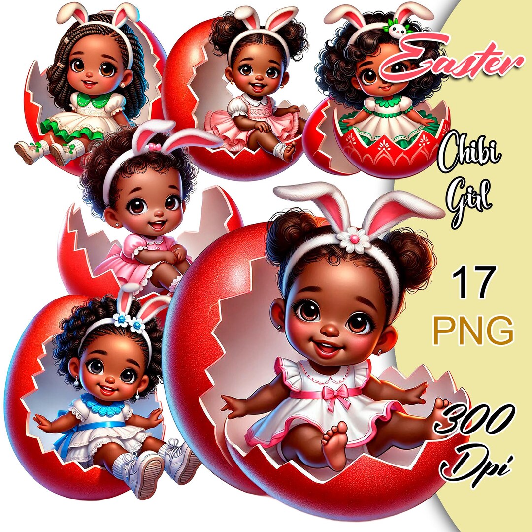Easter Afro Chibi Clipart, Girl in Egg Clipart, Easter Chibi Black Girl ...