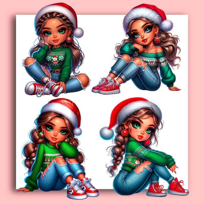 Christmas Chibi Clipart, Christmas Latina Bundle PNG, Hispanic Chibi ...