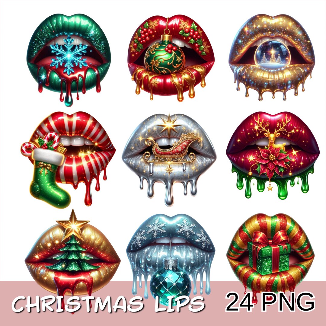 Christmas Lips Png Clipart Set, Xmas Sparkling Drip Lips Clipart ...