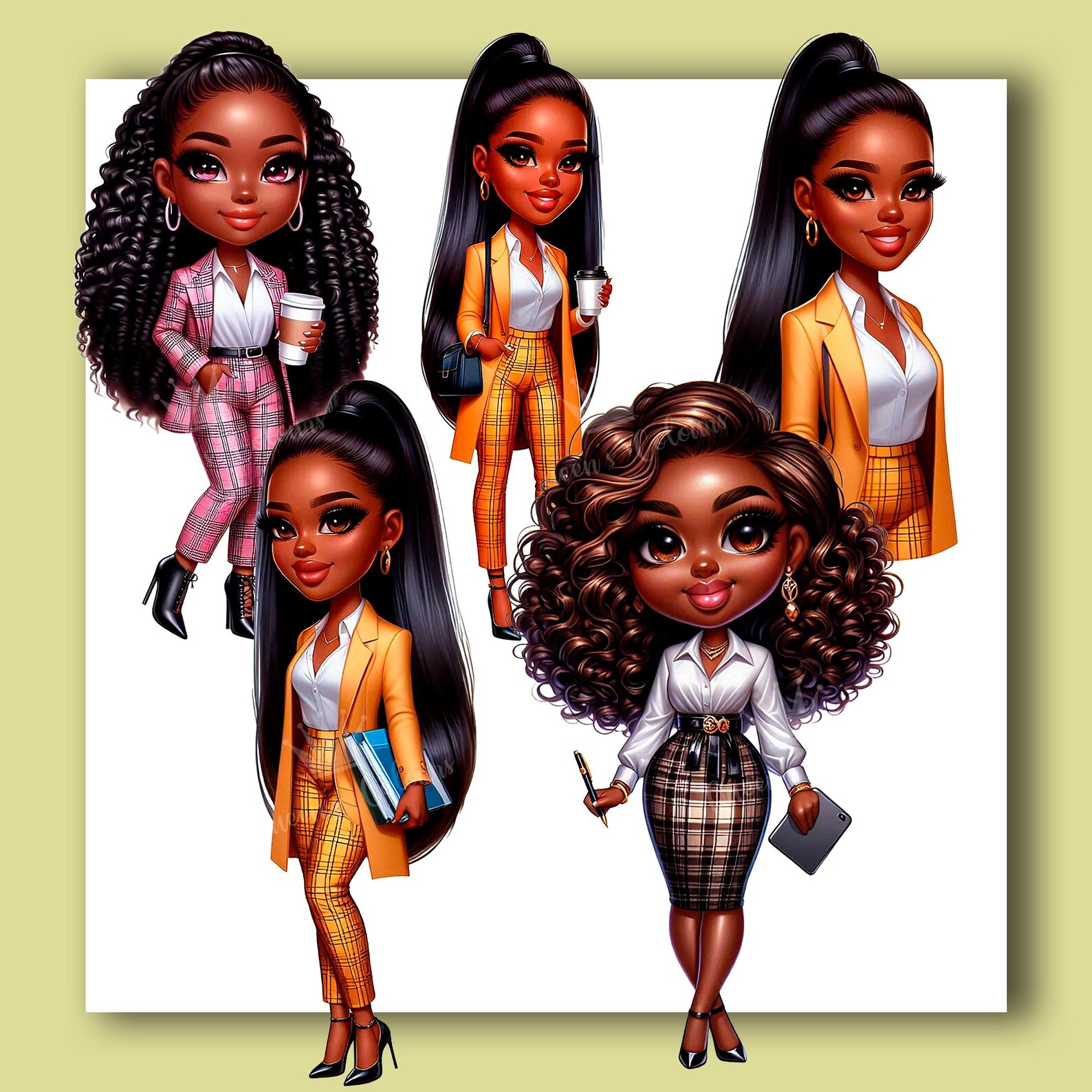 Girl Boss Chibi Clipart, Black Boss Chibi Planner, Office Chibi Clipart ...