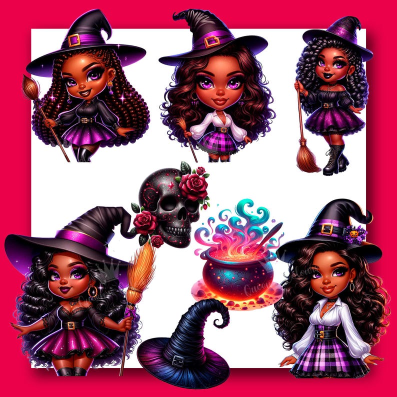 Halloween Chibi Girl Clipart, Witch Chibi Clipart, Black Witch Chibi ...