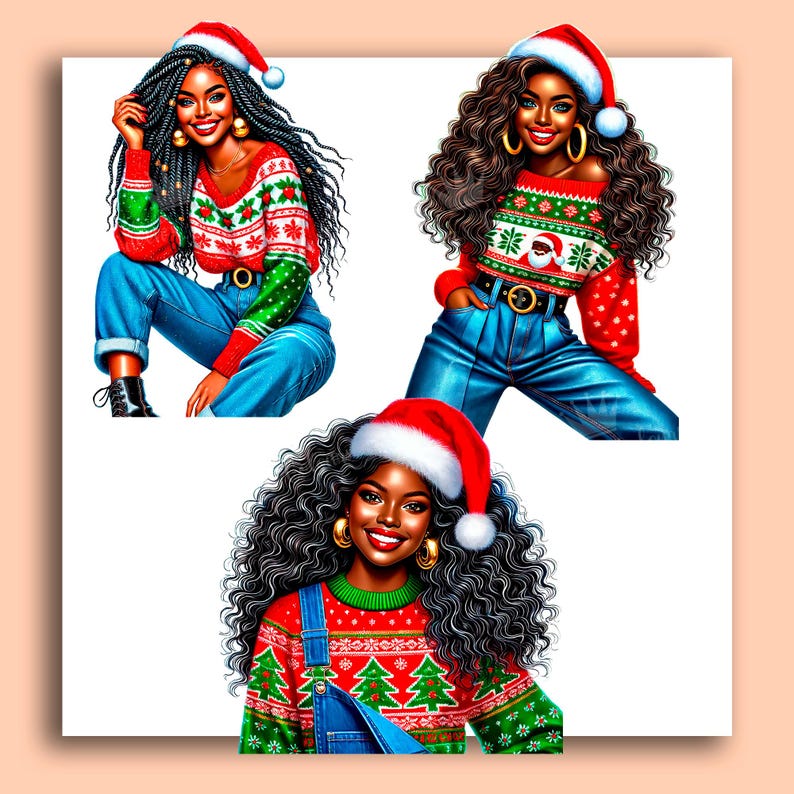Christmas Black Girl Clipart, Christmas Black Woman PNG, 13 PNG, Winter ...
