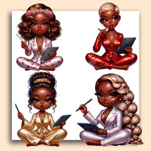 Chibi Girl Boss Clipart, Afro Chibi With Tablet, Black Chibi Boss Png ...