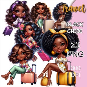 Travel Chibi Black Doll Bundle Clipart, Afro Chibi Summer Trip, Travel ...