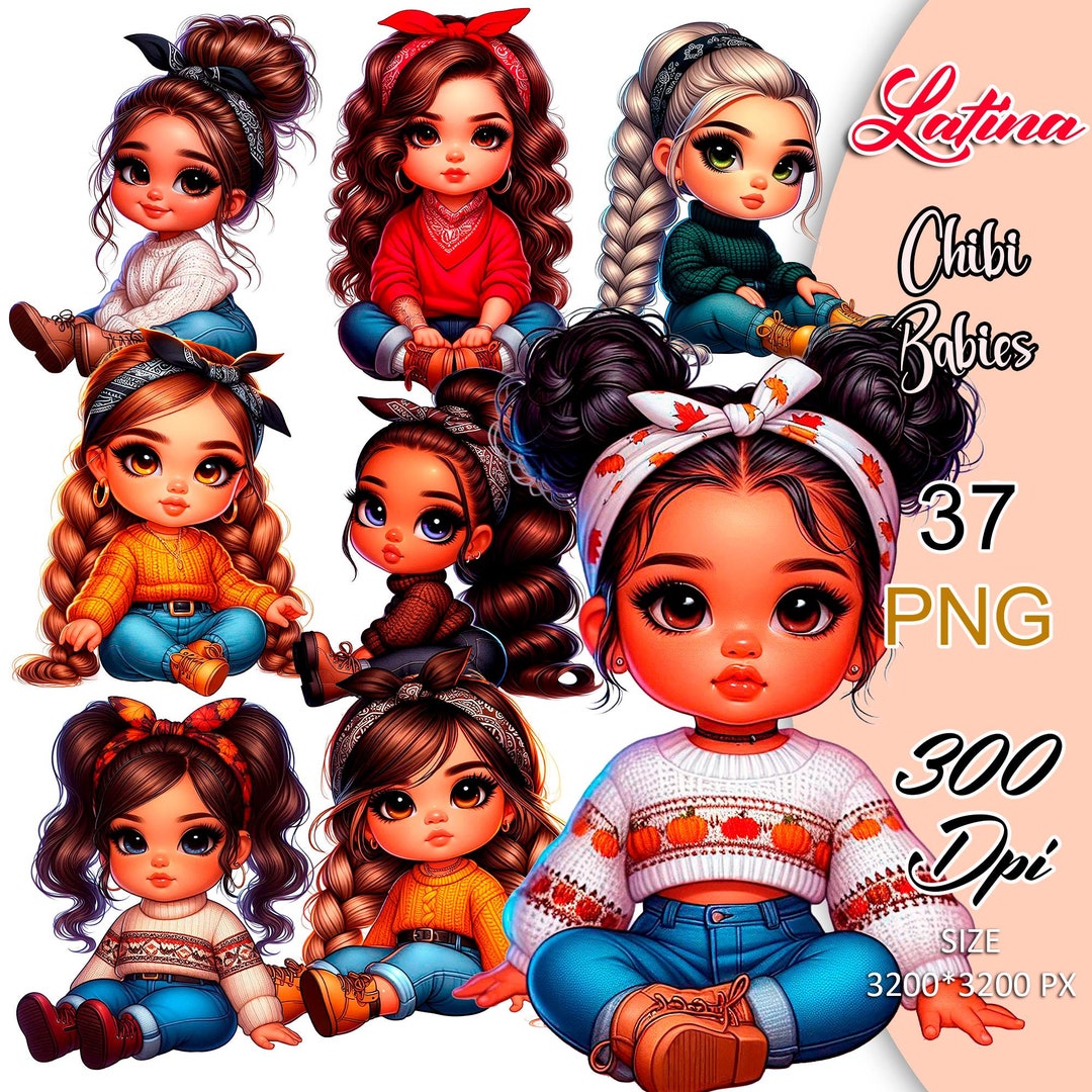 Latina Chibi Autumn Babies, Hispanic Chibi Clipart, Autumn Chibi Doll ...