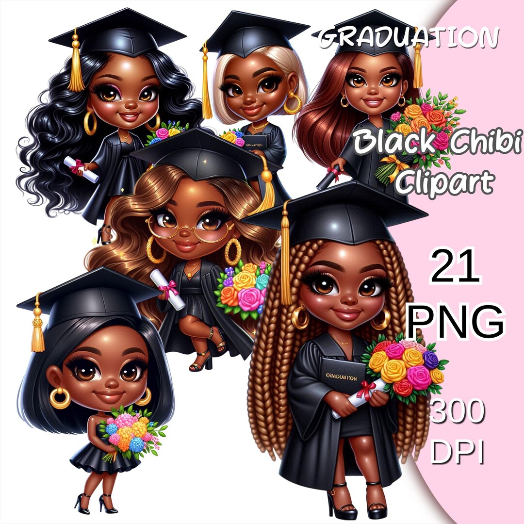 Graduation Afro Chibi Clipart, Black Chibi Graduate Png, Cute ...