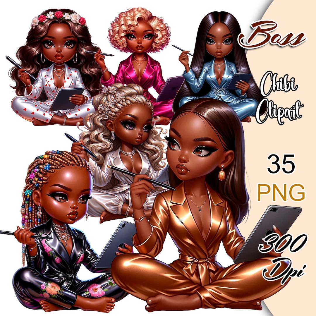 Chibi Girl Boss Clipart, Afro Chibi With Tablet, Black Chibi Boss Png ...