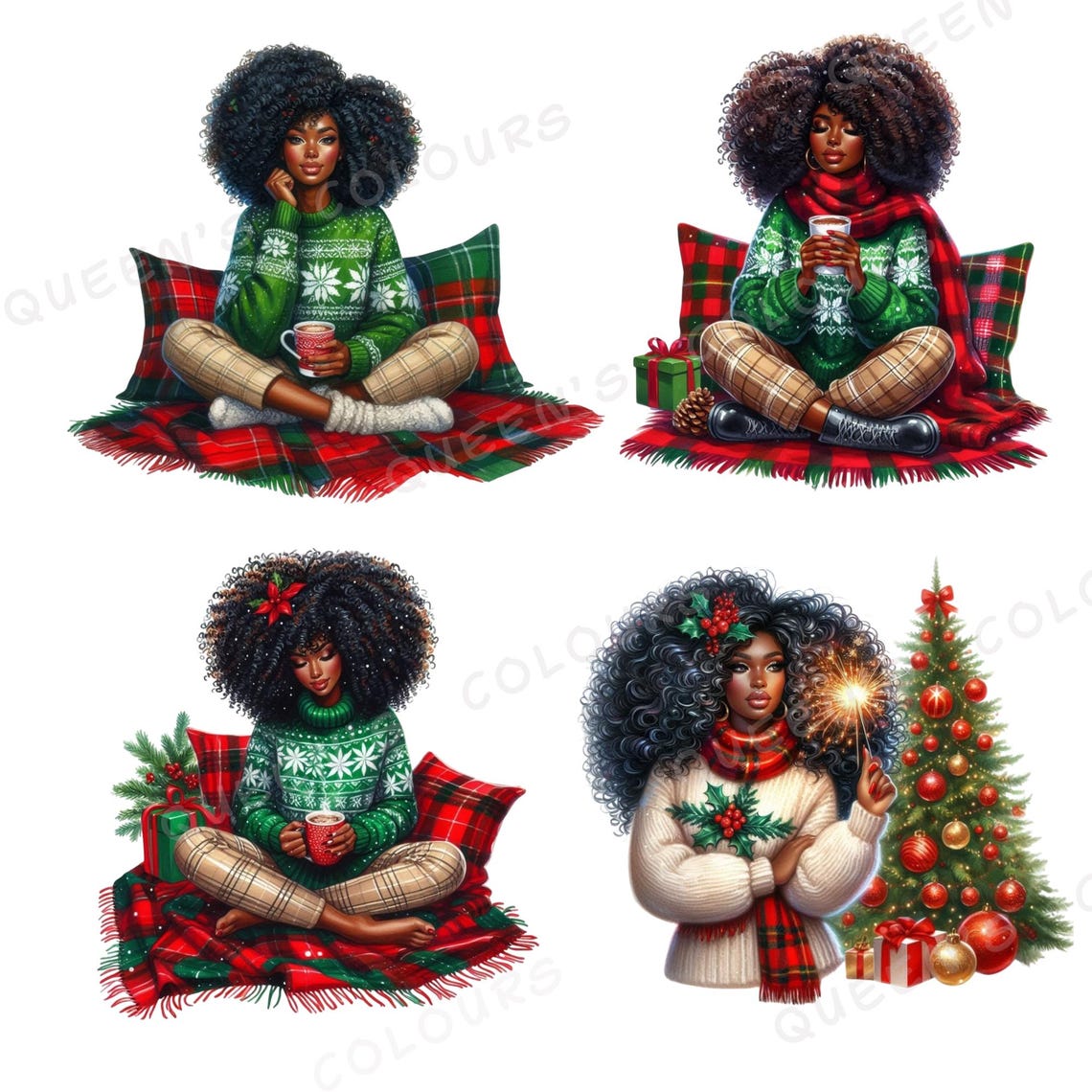 Christmas Afro Girl Clipart Bundle, Black Woman Holiday Png, African ...