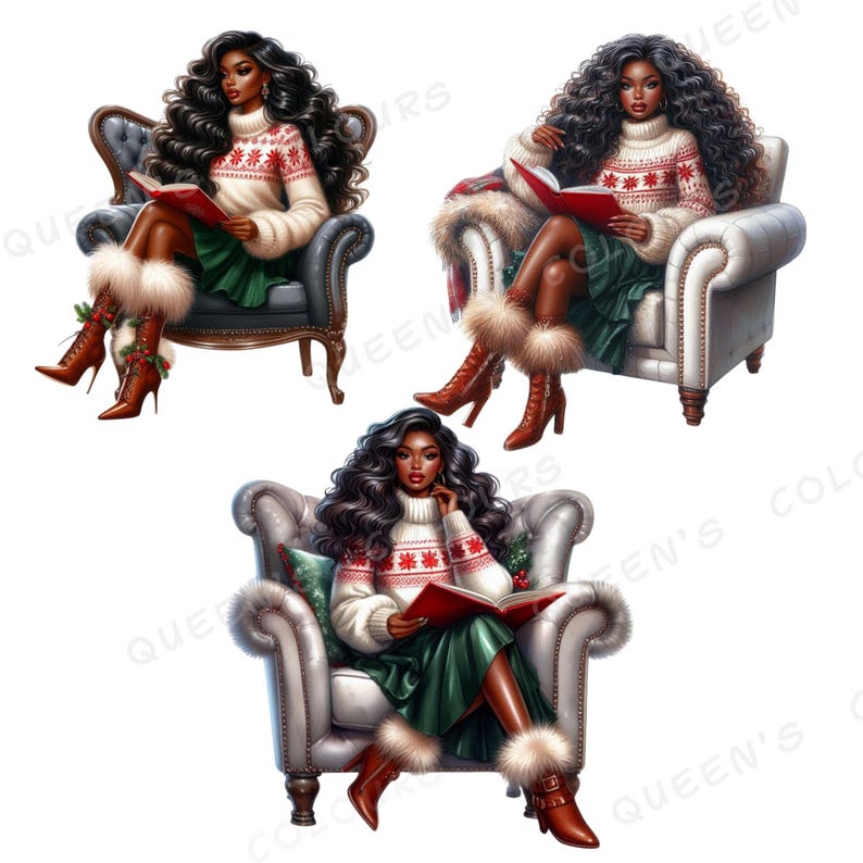 Christmas Afro Girl Clipart Bundle, Black Woman Holiday Png, African ...