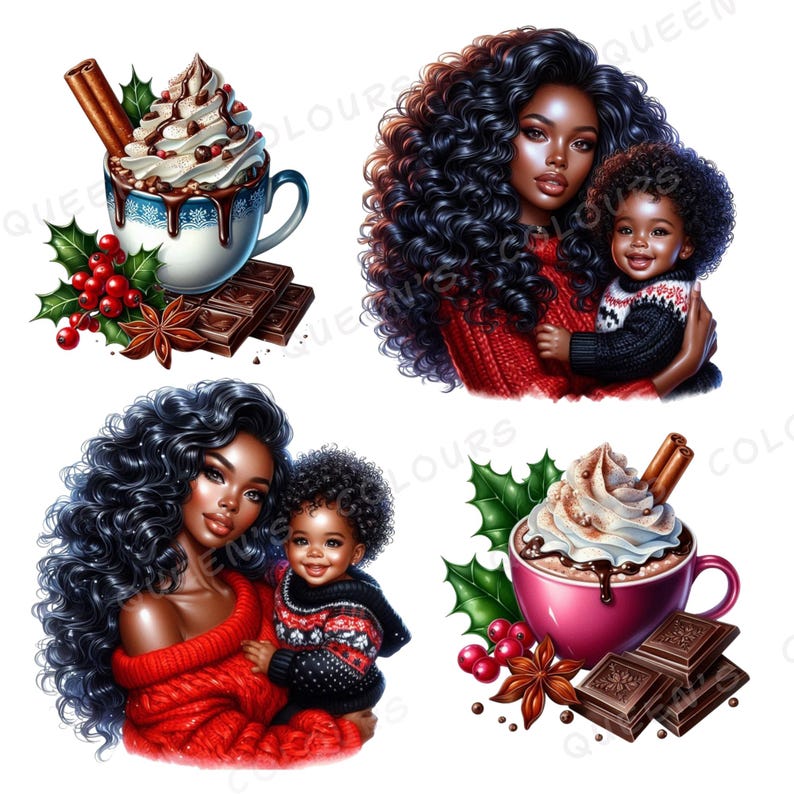 Christmas Black Family Clipart Set, Afro American Couple and Kids Png ...