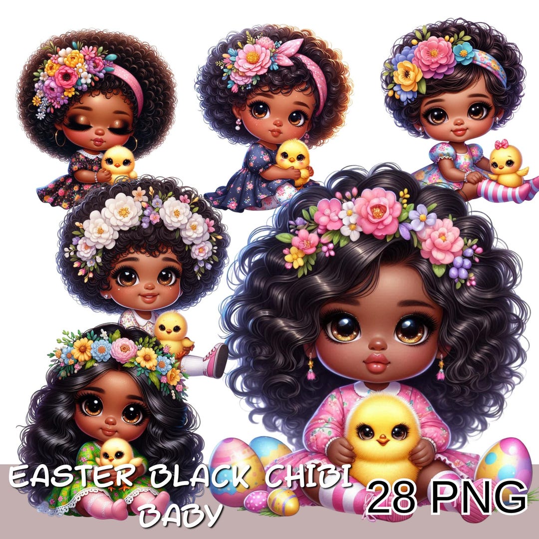 Easter Black Chibi Baby Girl Png Clipart, Cute Spring Afro Chibi Baby ...