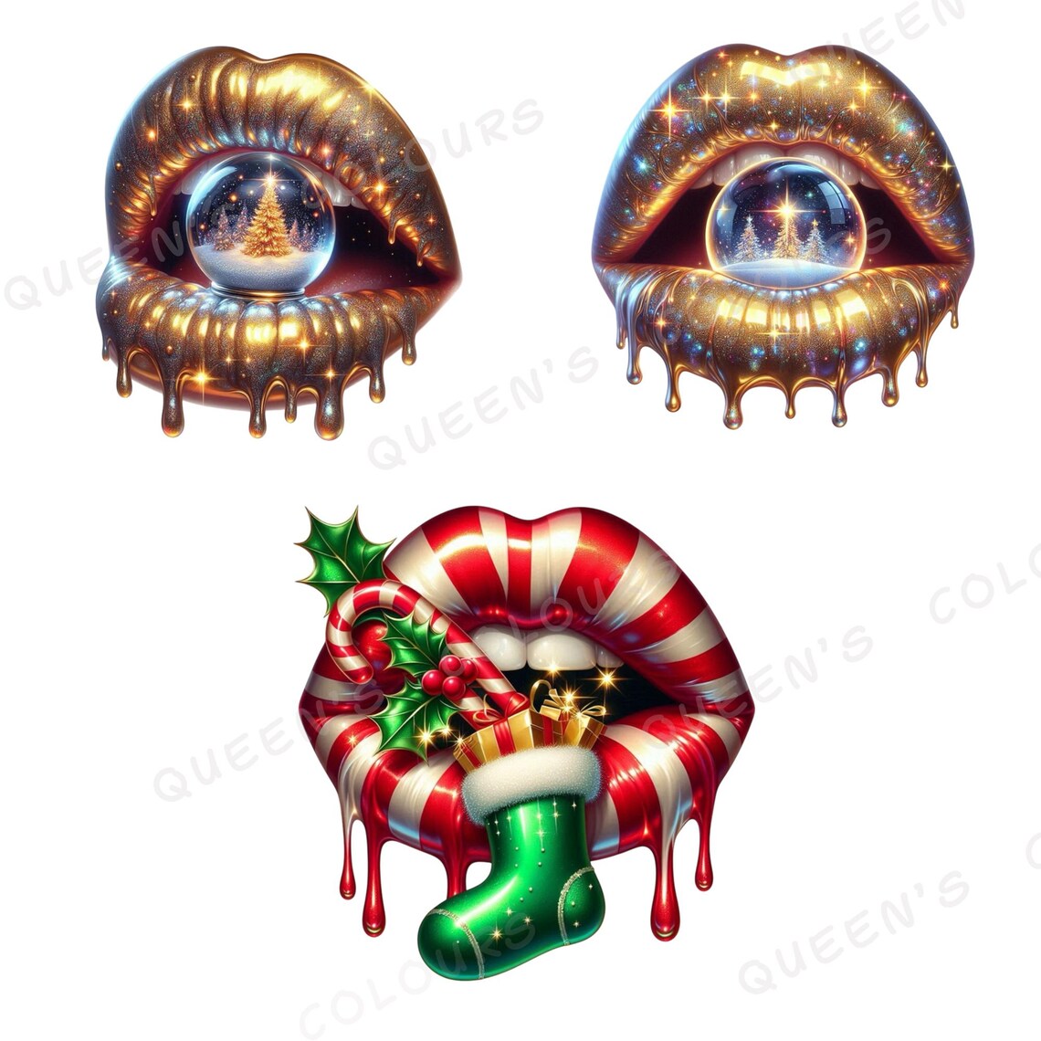 Christmas Lips Png Clipart Set, Xmas Sparkling Drip Lips Clipart ...