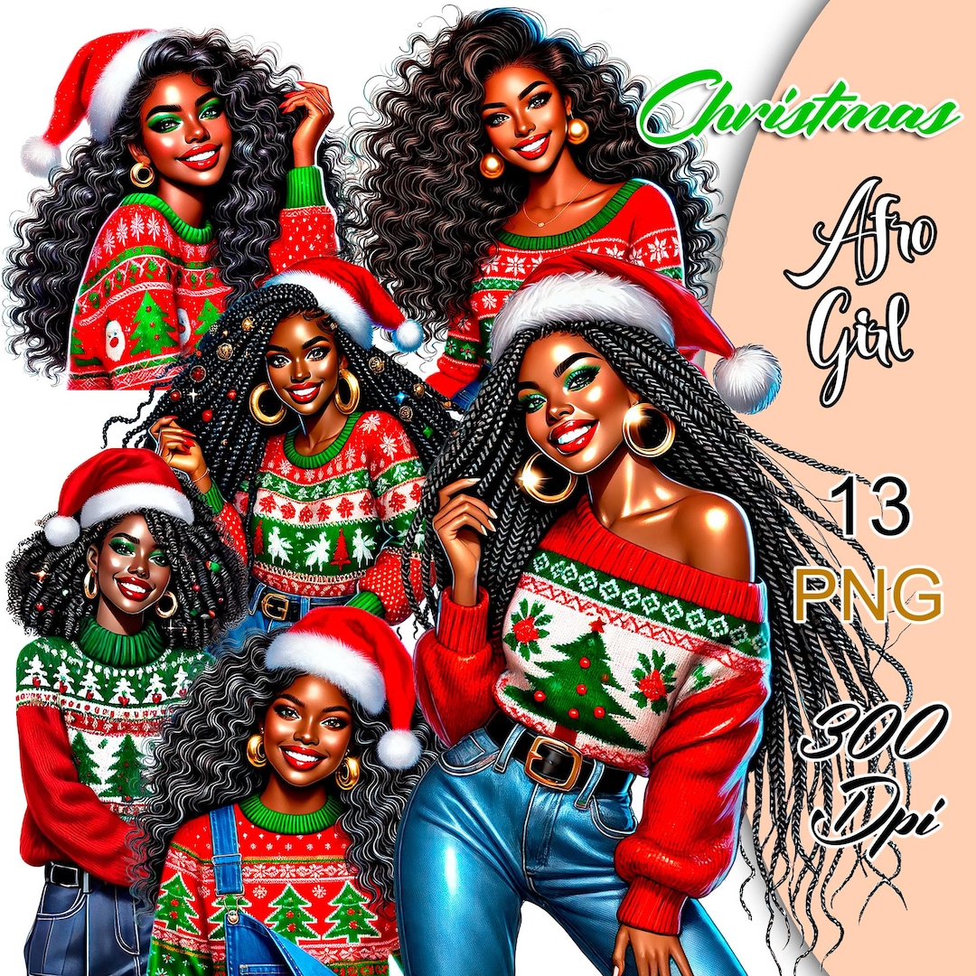 Christmas Black Girl Clipart, Christmas Black Woman PNG, 13 PNG, Winter ...