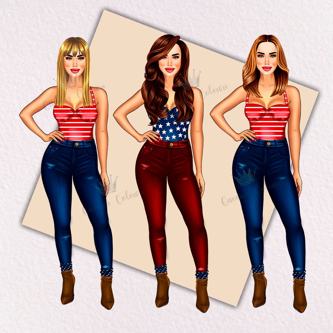 Independence Day Clipart American Girls Clipart Happy 4th - Etsy