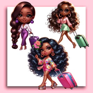 Travel Chibi Black Doll Bundle Clipart, Afro Chibi Summer Trip, Travel ...