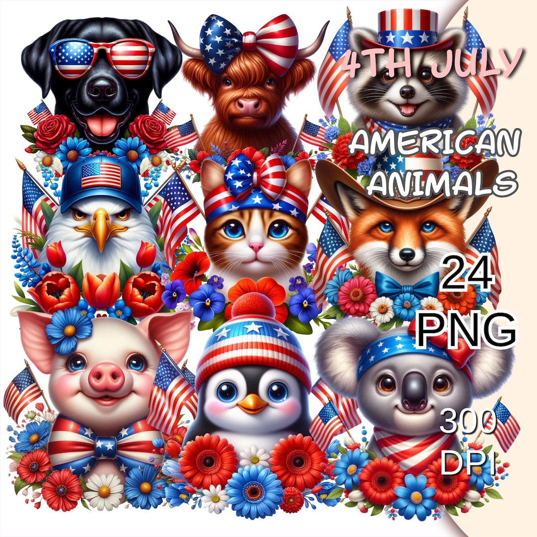 Patriotic Animals Clipart Bundle, 24 4th of July Clipart, Cute American ...