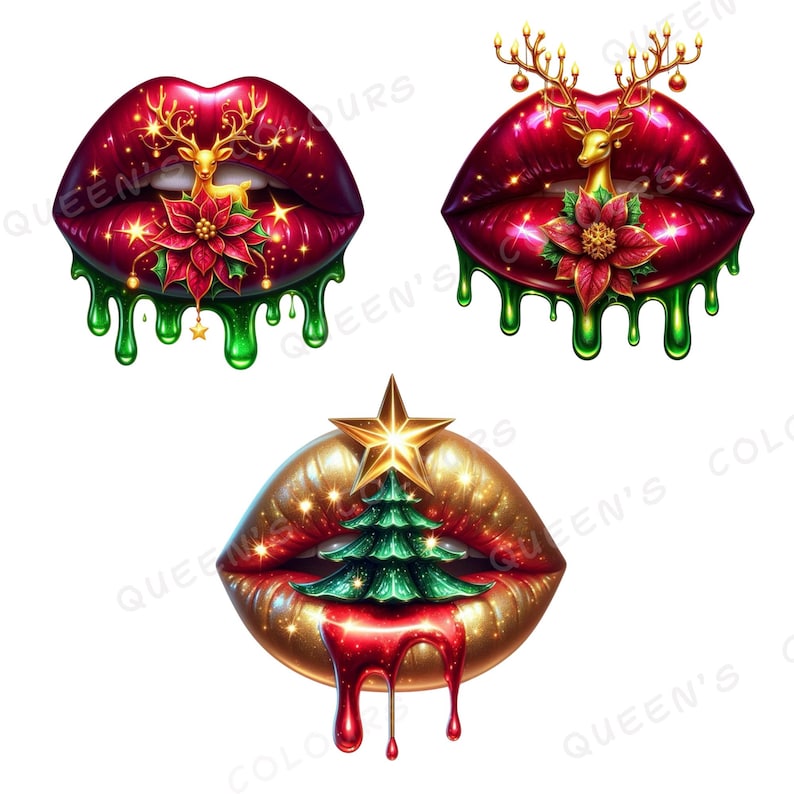 Christmas Lips Png Clipart Set, Xmas Sparkling Drip Lips Clipart ...