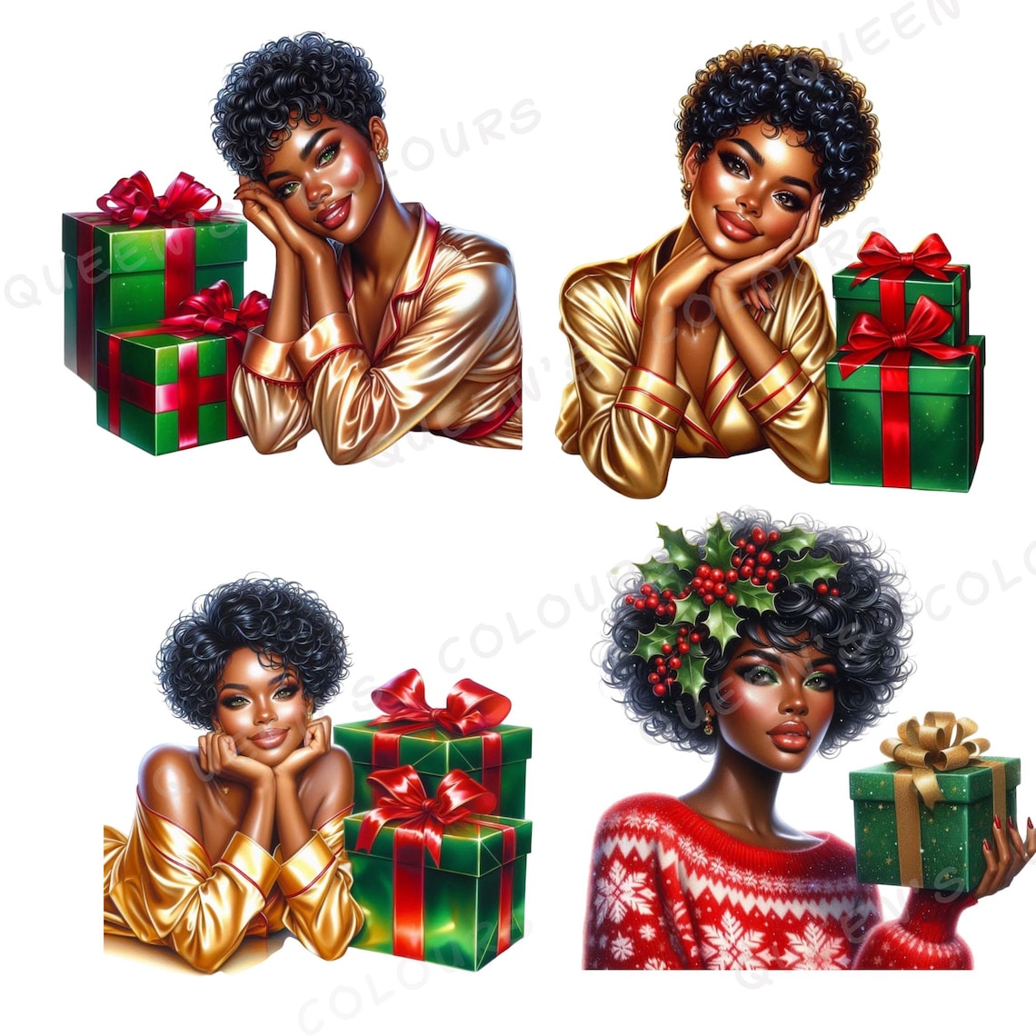 Christmas Afro Girl Clipart Bundle, Black Woman Holiday Png, African ...