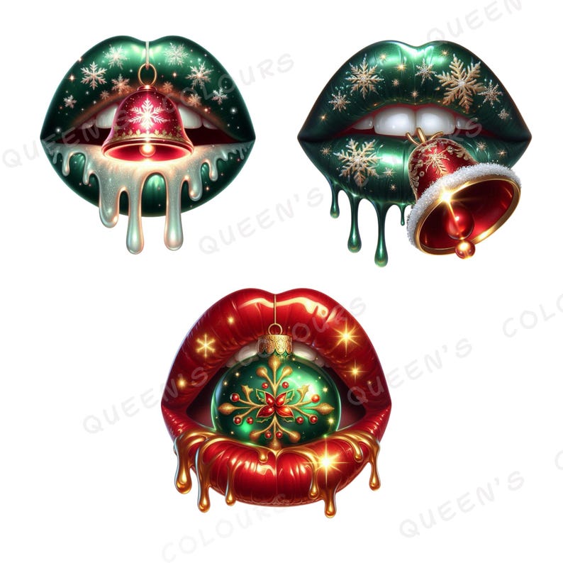 Christmas Lips Png Clipart Set, Xmas Sparkling Drip Lips Clipart ...