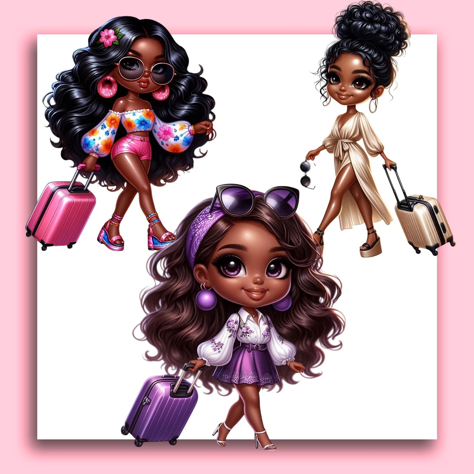 Travel Chibi Black Doll Bundle Clipart, Afro Chibi Summer Trip, Travel ...